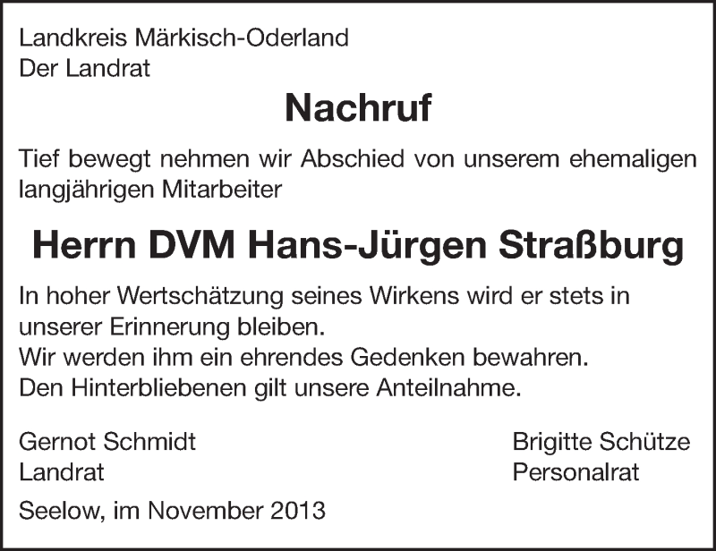 Traueranzeigen von Hans-Jürgen Straßburg | Märkische Onlinezeitung ...