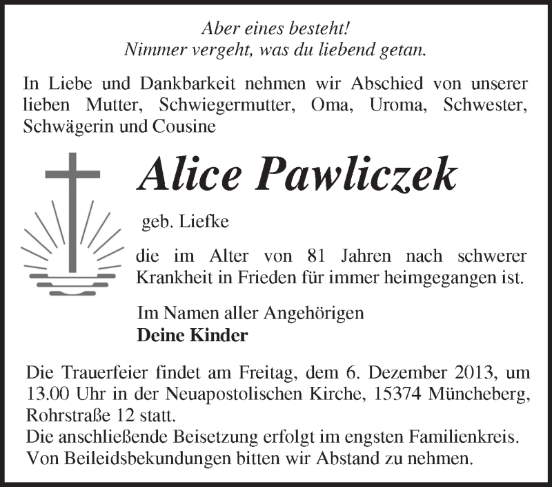Traueranzeigen von Alice Pawliczek | Märkische Onlinezeitung Trauerportal