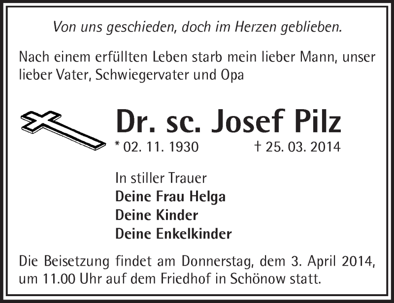 Traueranzeigen von Josef Pilz | Märkische Onlinezeitung Trauerportal