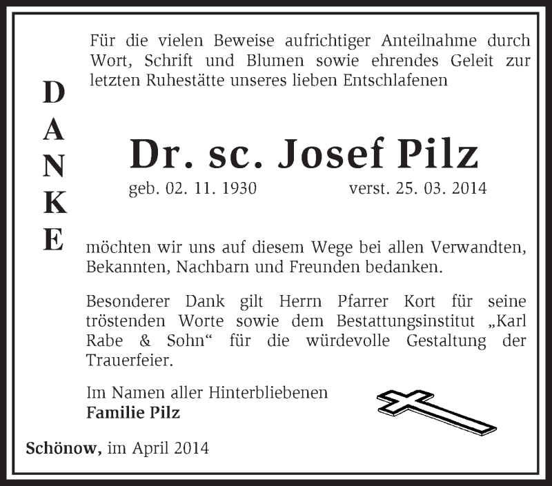 Traueranzeigen von Josef Pilz | Märkische Onlinezeitung Trauerportal