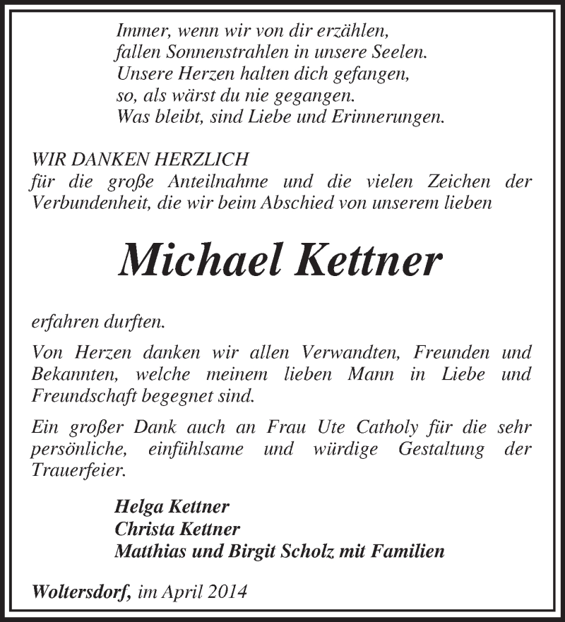 Traueranzeigen von Michael Kettner | Märkische Onlinezeitung Trauerportal