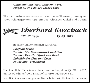 Traueranzeigen von Eberhard Koschack | Märkische Onlinezeitung Trauerportal