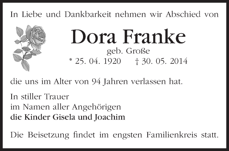 Traueranzeigen von Dora Franke | Märkische Onlinezeitung Trauerportal