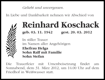 Traueranzeigen von Reinhard Koschack | Märkische Onlinezeitung Trauerportal