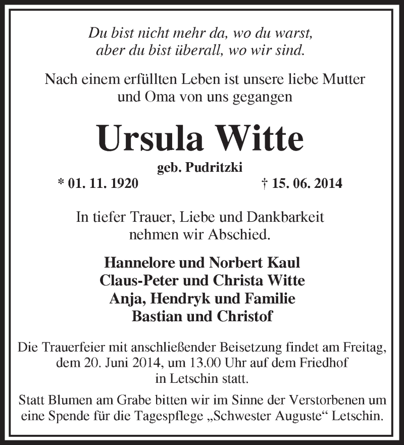 Traueranzeigen von Ursula Witte | Märkische Onlinezeitung Trauerportal