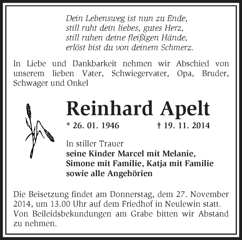 Traueranzeigen von Reinhard Apelt | Märkische Onlinezeitung Trauerportal