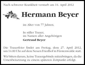 Traueranzeigen von Hermann Beyer | Märkische Onlinezeitung Trauerportal