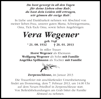 Traueranzeigen von Vera Wegener | Märkische Onlinezeitung Trauerportal
