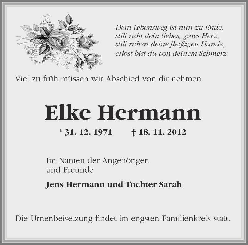Traueranzeigen von Elke Hermann | Märkische Onlinezeitung Trauerportal