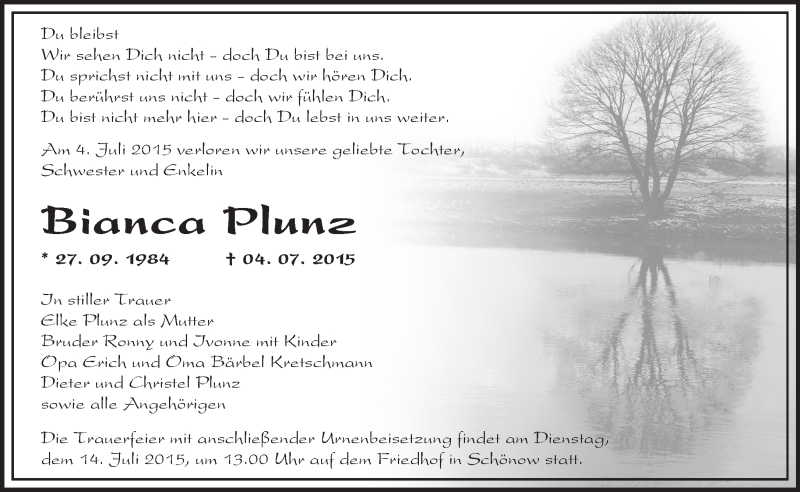 Traueranzeigen von Bianca Plunz | Märkische Onlinezeitung Trauerportal