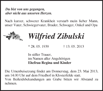 Traueranzeigen von Wilfried Zibulski | Märkische Onlinezeitung Trauerportal