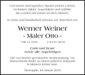 Traueranzeigen von Werner Weiner | Märkische Onlinezeitung Trauerportal