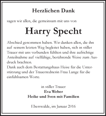 Traueranzeigen von Harry Specht | Märkische Onlinezeitung Trauerportal