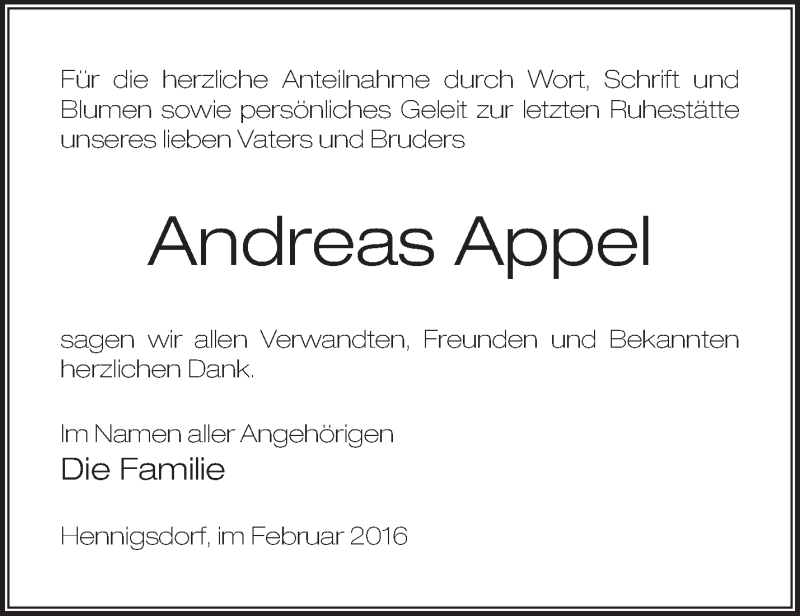 Traueranzeigen von Andreas Appel | Märkische Onlinezeitung Trauerportal