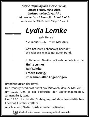 Traueranzeigen von Lydia Lemke | Märkische Onlinezeitung Trauerportal