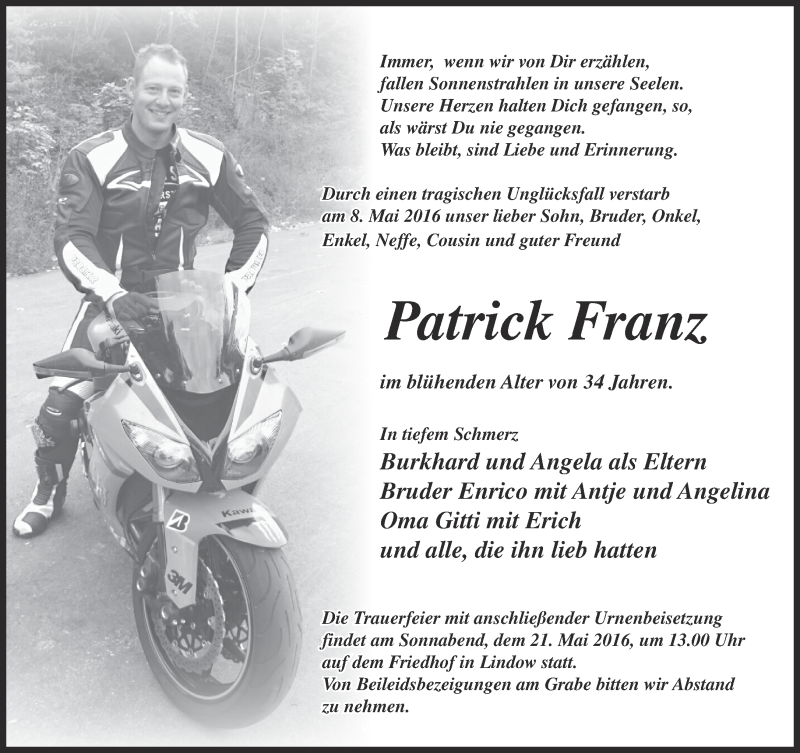 Traueranzeigen von Patrick Franz | Märkische Onlinezeitung Trauerportal