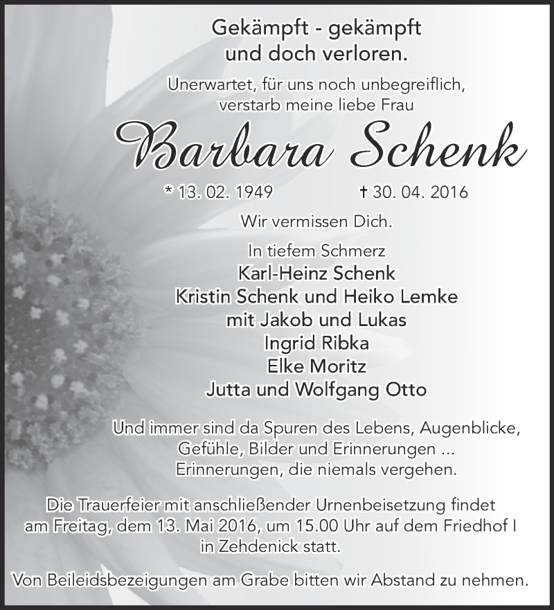 Traueranzeigen von Barbara Schenk | Märkische Onlinezeitung Trauerportal