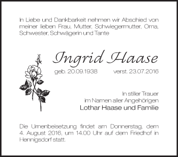 Traueranzeigen von Ingrid Haase | Märkische Onlinezeitung Trauerportal