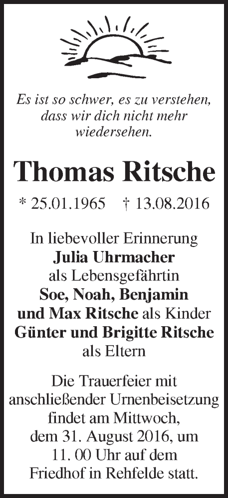 Traueranzeigen von Thomas Ritsche | Märkische Onlinezeitung Trauerportal