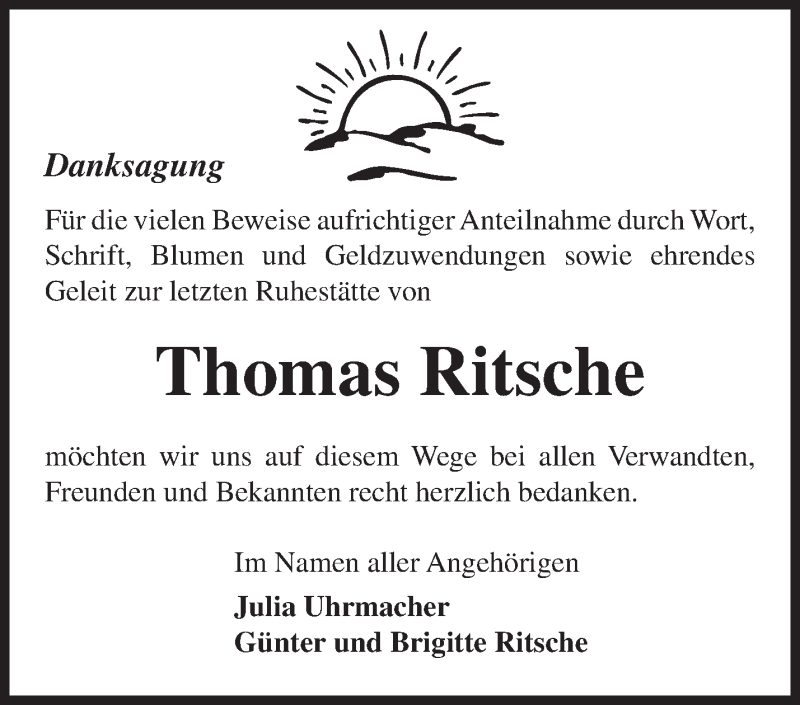 Traueranzeigen von Thomas Ritsche | Märkische Onlinezeitung Trauerportal