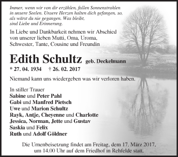 Traueranzeigen von Edith Schultz | Märkische Onlinezeitung Trauerportal