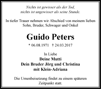 Traueranzeigen von Guido Peters | Märkische Onlinezeitung Trauerportal