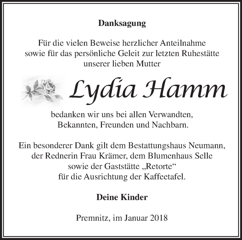 Traueranzeigen von Lydia Hamm | Märkische Onlinezeitung Trauerportal