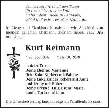 Traueranzeigen von Kurt Reimann | Märkische Onlinezeitung Trauerportal