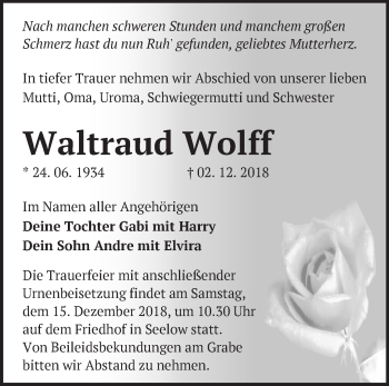 Traueranzeigen von Waltraud Wolff | Märkische Onlinezeitung Trauerportal