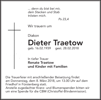 Traueranzeigen von Dieter Traetow | Märkische Onlinezeitung Trauerportal