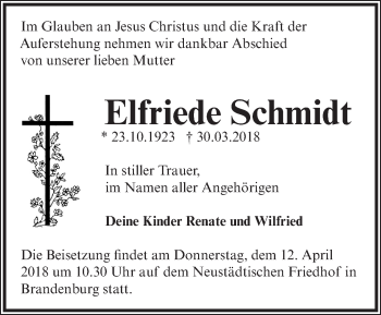 Traueranzeigen von Elfriede Schmidt | Märkische Onlinezeitung Trauerportal