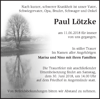 Traueranzeigen von Paul Lötzke | Märkische Onlinezeitung Trauerportal