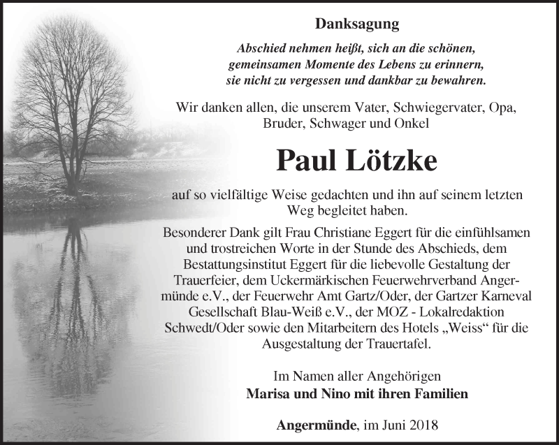 Traueranzeigen von Paul Lötzke | Märkische Onlinezeitung Trauerportal