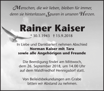 Traueranzeigen von Rainer Kaiser | Märkische Onlinezeitung Trauerportal
