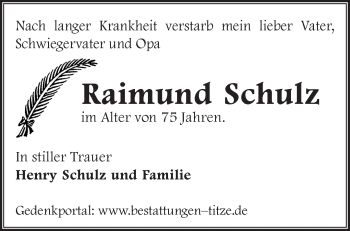 Traueranzeigen von Raimund Schulz | Märkische Onlinezeitung Trauerportal