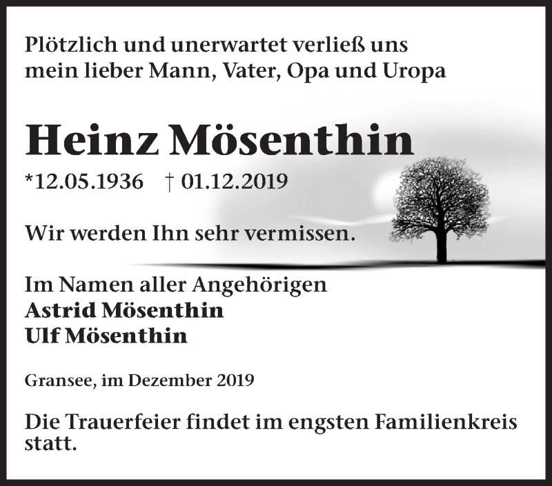 Traueranzeigen von Heinz Mösenthin | Märkische Onlinezeitung Trauerportal