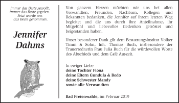 Traueranzeigen von Jennifer Dahms | Märkische Onlinezeitung Trauerportal
