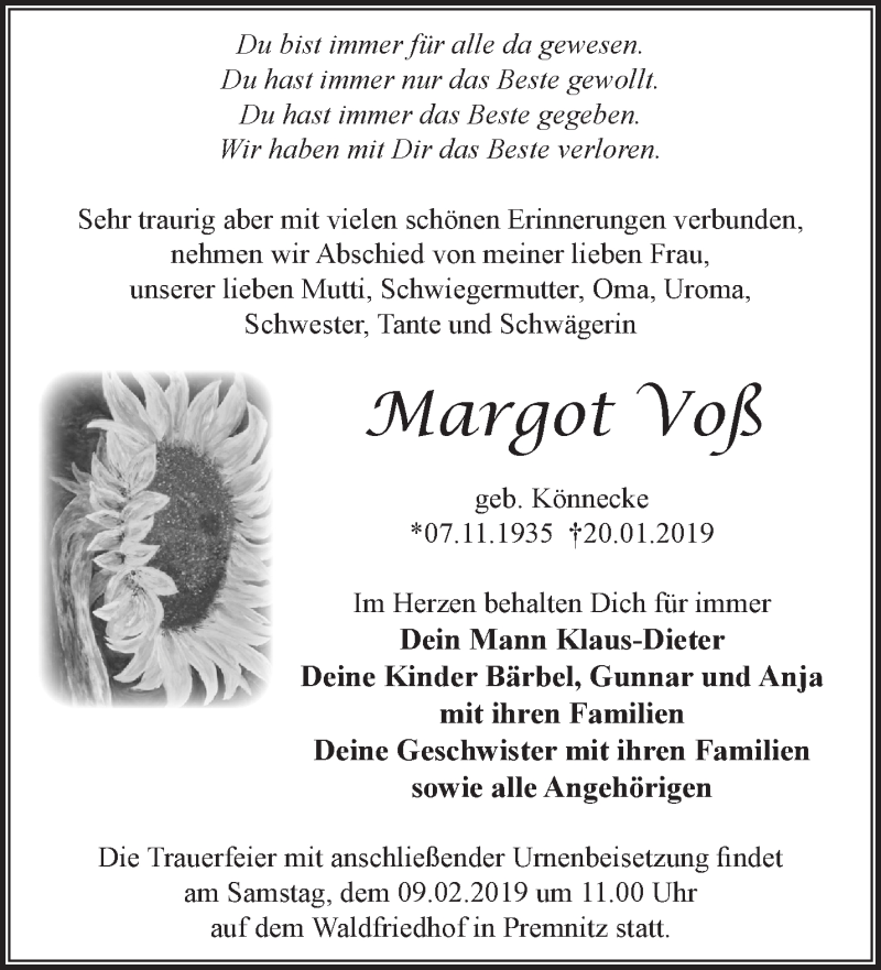Traueranzeigen von Margot Voß | Märkische Onlinezeitung Trauerportal