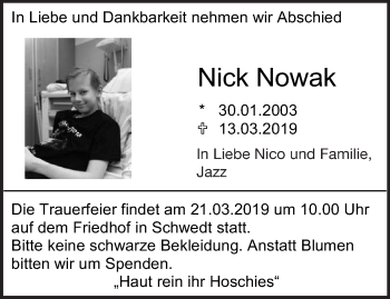 Traueranzeigen von Nick Nowak | Märkische Onlinezeitung Trauerportal