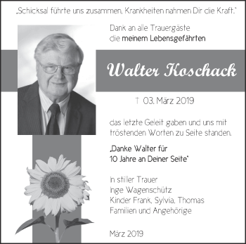 Traueranzeigen von Walter Koschack | Märkische Onlinezeitung Trauerportal