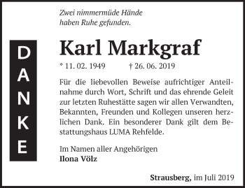 Traueranzeigen von Karl Markgraf | Märkische Onlinezeitung Trauerportal