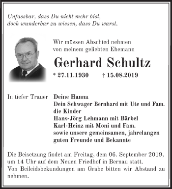 Traueranzeigen von Gerhard Schultz | Märkische Onlinezeitung Trauerportal