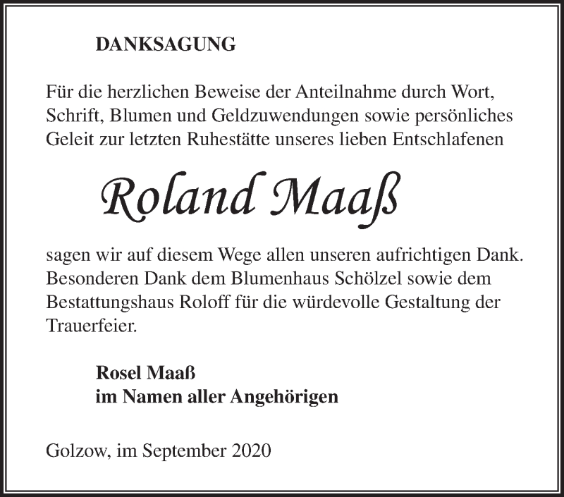 Traueranzeigen von Roland Maaß | Märkische Onlinezeitung Trauerportal