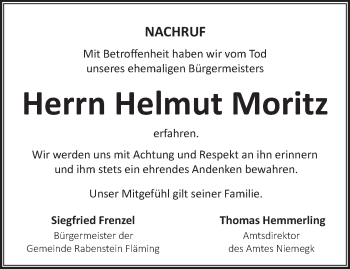 Traueranzeigen von Helmut Moritz | Märkische Onlinezeitung Trauerportal