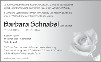 Traueranzeigen von Barbara Schnabel | Märkische Onlinezeitung Trauerportal