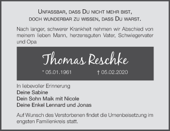 Traueranzeigen von Thomas Reschke | Märkische Onlinezeitung Trauerportal