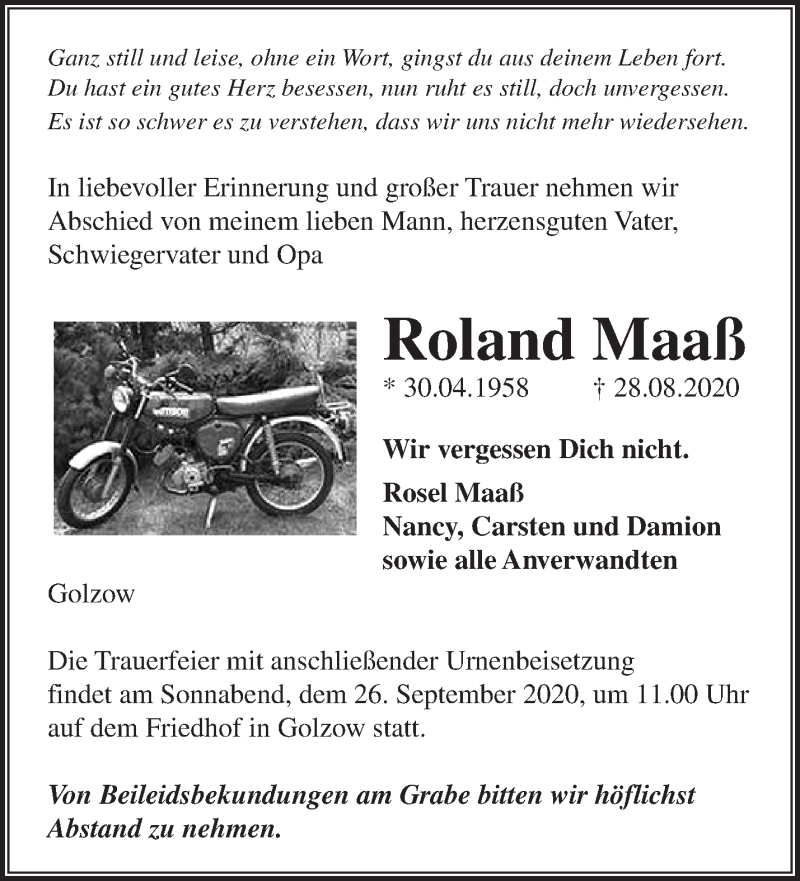 Traueranzeigen von Roland Maaß | Märkische Onlinezeitung Trauerportal