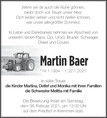 Traueranzeigen von Martin Baer | Märkische Onlinezeitung Trauerportal