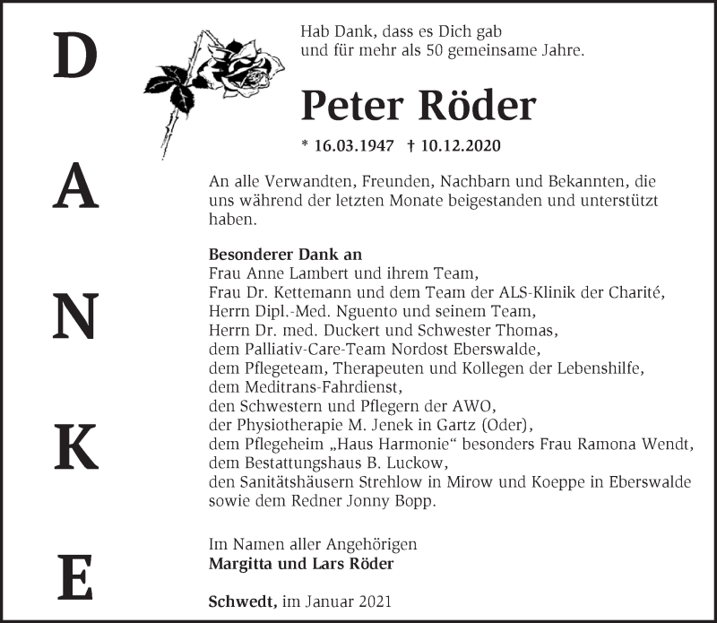 Traueranzeigen von Peter Röder | Märkische Onlinezeitung Trauerportal