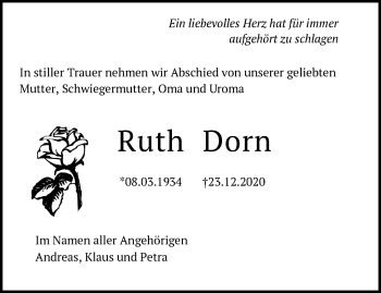 Traueranzeigen von Ruth Dorn | Märkische Onlinezeitung Trauerportal